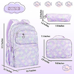 THE Crafts Girls Backpack Bookbag Set with Lunch Bag Pencil Case 3 in all for Elementary Primary Middle School Teenage(Purple Mermaid
