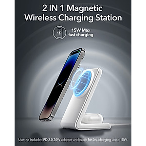 FACBINY 2-in-1 Magnetic Fast Wireless Charging Station for Multiple Devices Apple with 20W Adapter, Mag-Safe Charger Stand for iPhone 15/14/13/12/Pro/Max/Mini, AirPods Pro 2/Pro/3 (White)