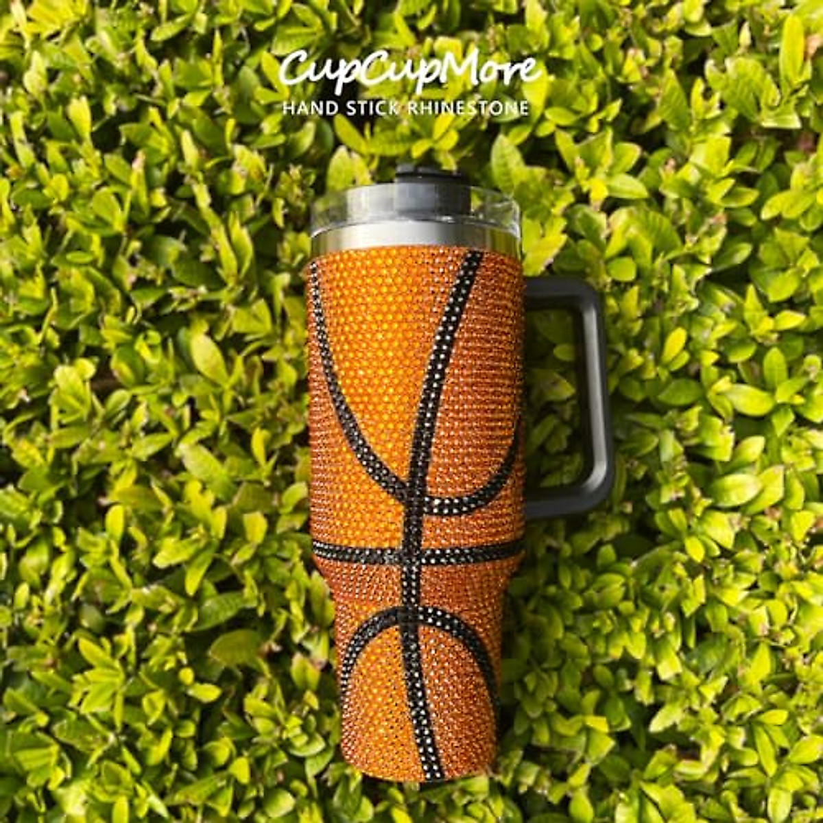 Cupcupmore 40oz Basketball Bling Rhinestone Stainless Steel Sippy Tumbler Glitter Vacuum Insulated Water Bottle with Straw & Lid &Handle,Thermos for Hot & Cold Drinks,Car Cup Holder,Coffee