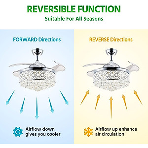 42 Inch Chandelier Crystal Ceiling Fan with Light Remote Dimmable Fandelier Ceiling Fan with Light Color Change 6 Speed Retractable Blades Ceiling Fan Light for Bedroom Indoor Living Room Chrome
