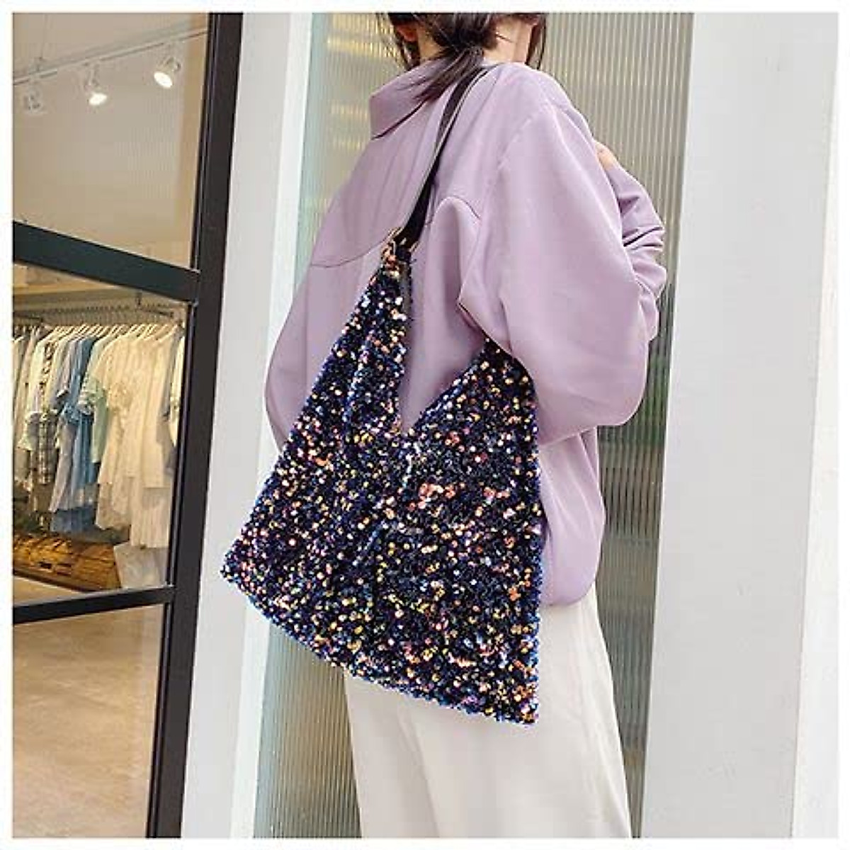AWXZOM Sequin tote bag for women, sparkle shoulder bag for ladies, glitter handbags shiny hobo bag for women