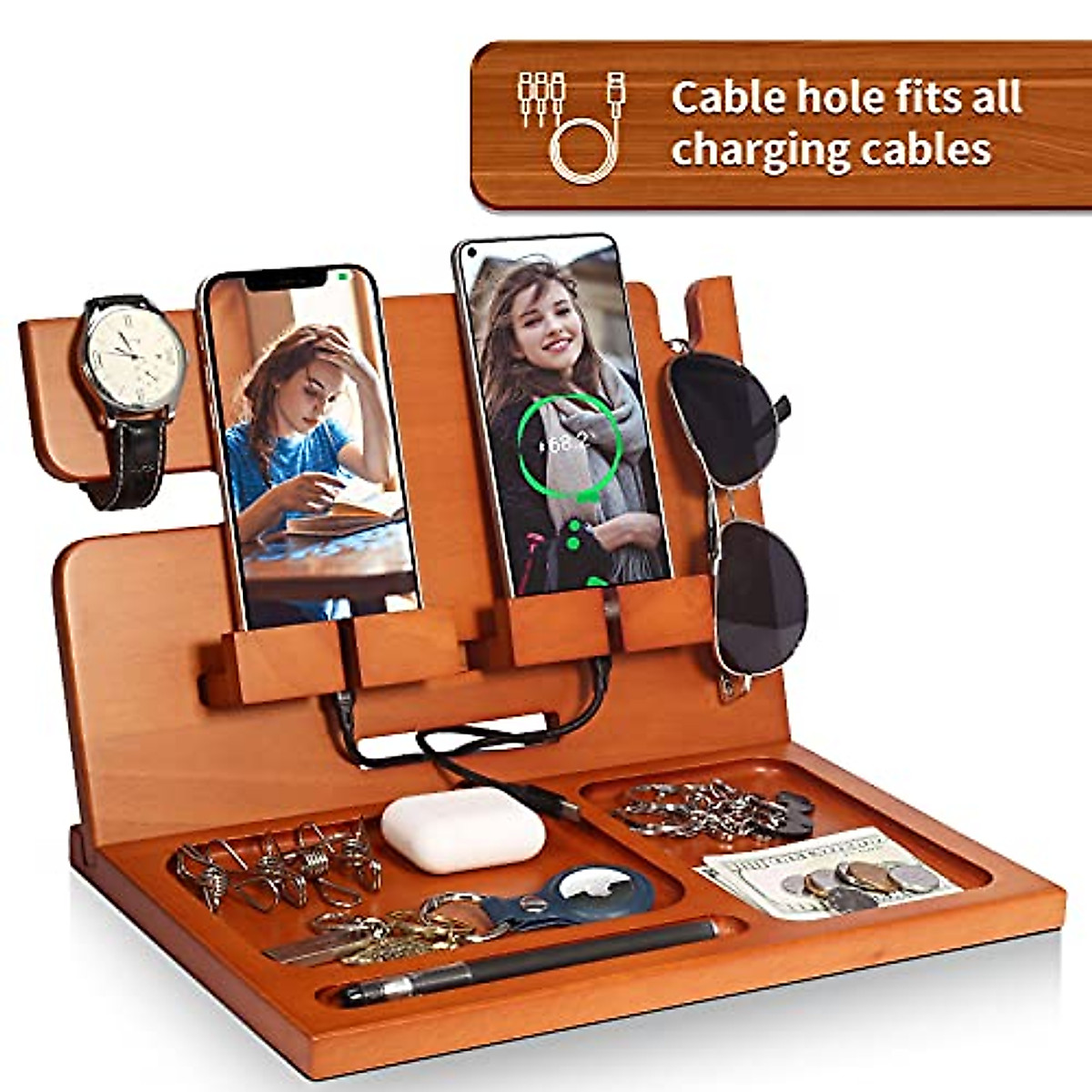 Wood Phone Docking Station - Gift for Men / Dad, Birthday Gifts for Men, Nightstand Organizer for Husband, Bedside Wallet Stand Watch Organizer for Father, Mens Gifts Ideas, Men Gadgets