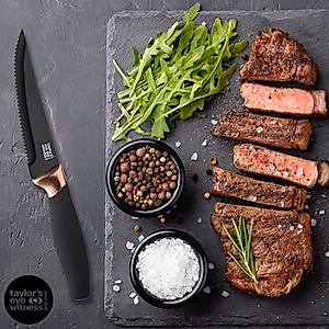 Taylors Eye Witness Steak Knives Set of 4 - Brooklyn Serrated black ceramic-coated blade with copper-plated bolster. Corrosion-Free, Easy Clean Ceramic Coating. Soft Grip Handle. 2 Year Guarantee