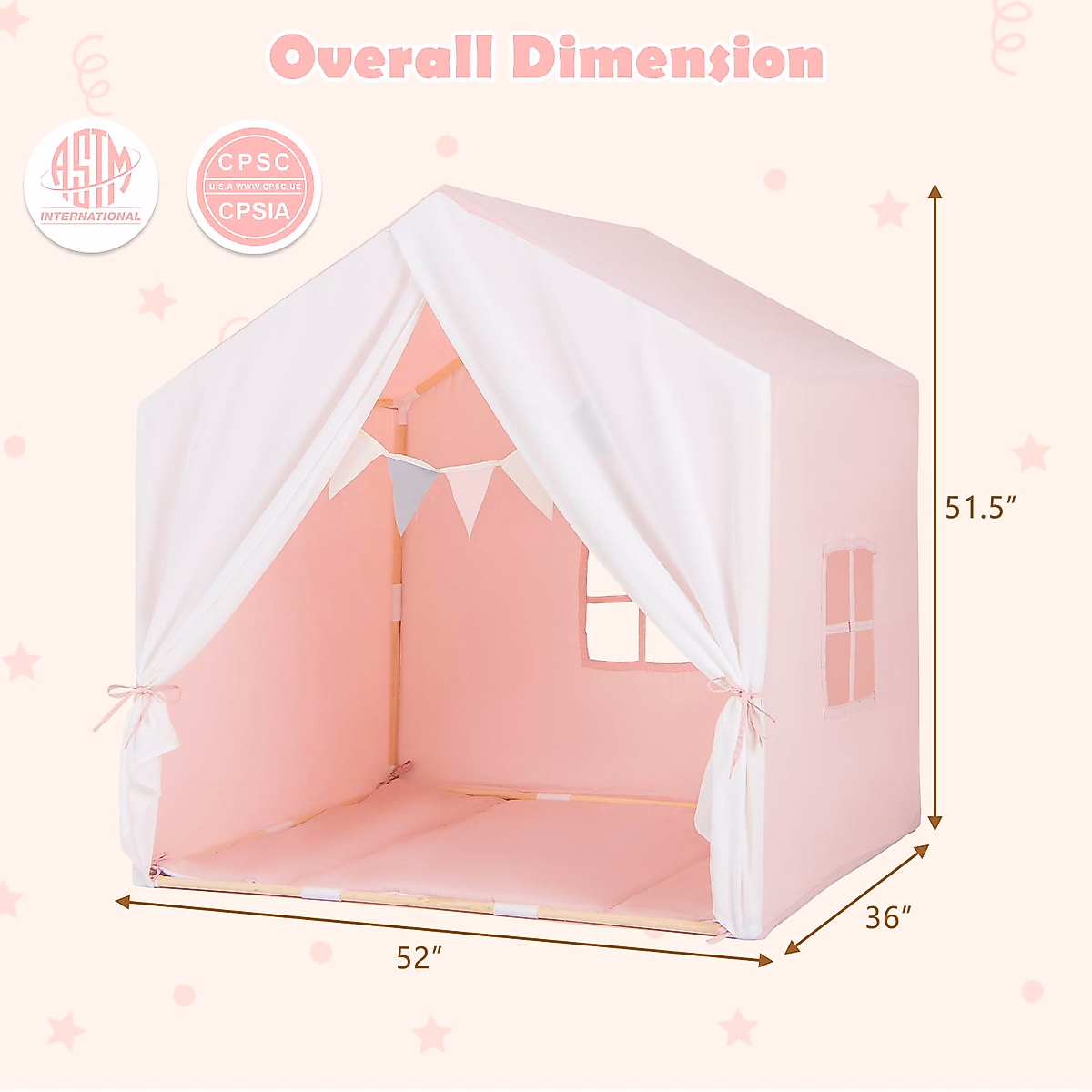 HONEY JOY Kids Play Tent, Toddler Tent Indoor Playhouses with Mat, Windows, Curtain, Solid Wood Frame, 52" x36" x 52", Large Children Princess Castle Play Tent for Boys Girls (Pink)