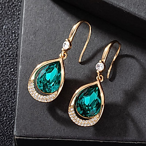 Austrian Crystal Halo Teardrop Hollow Drop Dangle Earrings for Women 14K Rose Gold Plated Hypoallergenic Jewelry (Emerald)