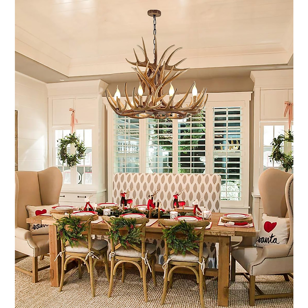 Hubrin Rustic Antler Chandelier 9-Light, Farmhouse Deer Antler Chandelier Lighting, Retro Antler Light Fixtures, Brown E12 for Home Store (9 lamp arms + 6arms)