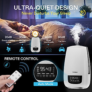 VIVOSUN Cool Mist Humidifier, 6L Quiet Ultrasonic Humidifier for Bedroom (Customized Humidity, Remote Control, Sleep Mode & Auto Shut Off, 360° Nozzle) White