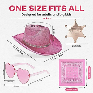 Bazion 4Pcs Pink Cowgirl Hat Heart Sunglasses Bandana Sheriff Badge Glitter Sparkly Cowboy Hat Bachelor Party Halloween Costume (Pink4pcs)
