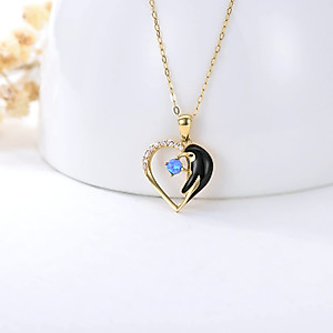 WSX 14k Gold Penguin Love Necklace October Birthstone Blue Opal Round CZ Heart Pendant Birthday Gift for Women Girlfriend Daughter