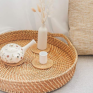 Artera Handmade Natural Rattan Coasters - Round Straw Woven Trivet for Teacup, Wicker Heat Resistant Plate Pad for Hot Pots and Pans, Non-Slip 6 Piece Coaster Set with Holder