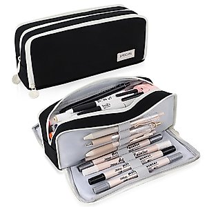 iSuperb 3 Compartments Pencil Case Pouch Big Capacity Pencil Holder Oxford Storage Cosmetic Makeup Bag for Women (Black)