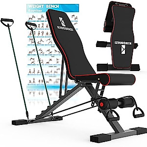 KINGMAZI Adjustable Weight Bench, Exercise Workout Bench for Full Body Workout- Multi-Purpose Foldable Bench, Folding Dumbbells Bench with Resistance Band Set
