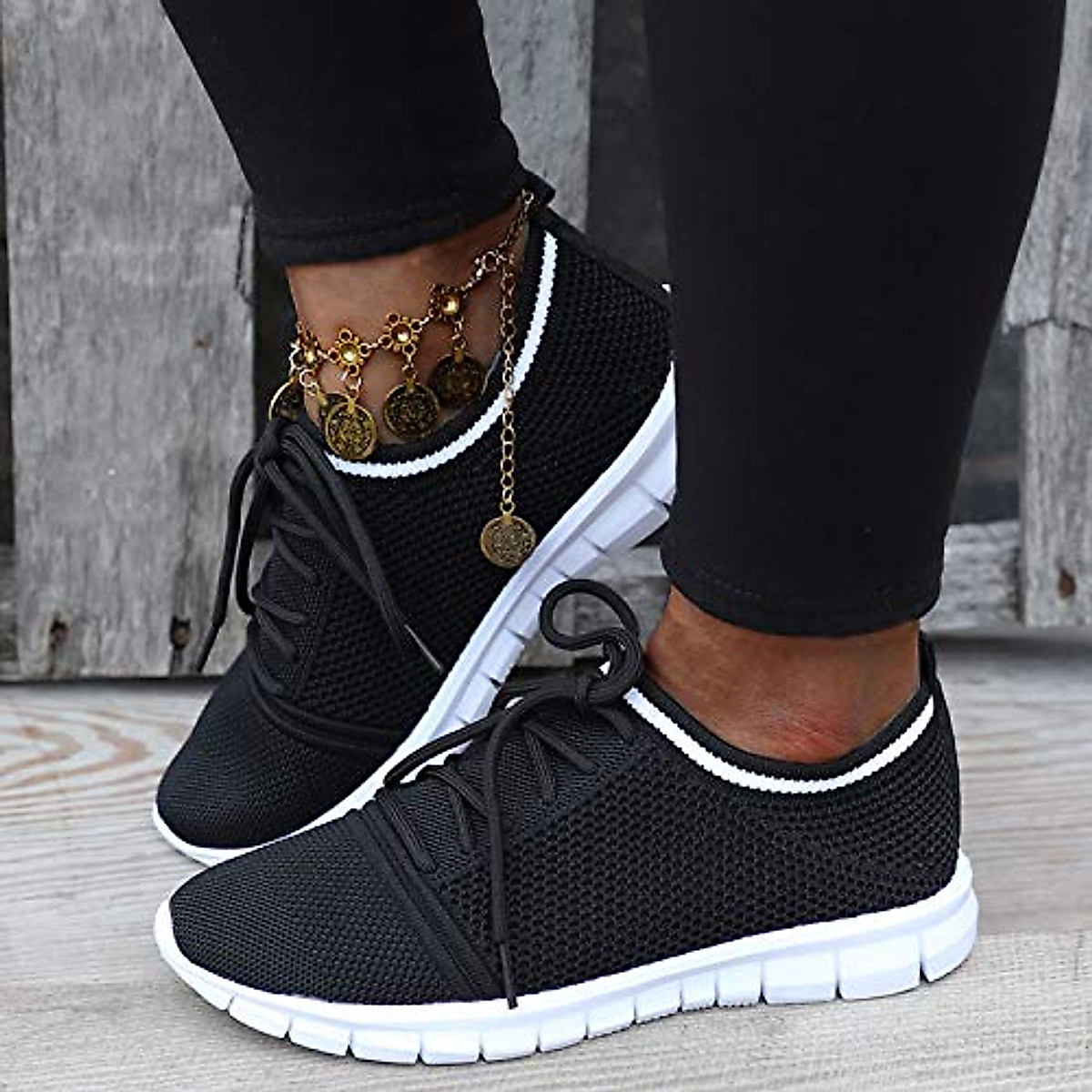 justHIGH Women's Athletic Road Running Mesh Breathable Casual Sneakers Lace Up Comfort Sports Student Fashion Tennis Shoes Black