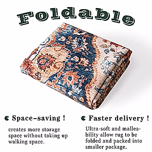 vivorug Washable Rug, Ultra Soft Area Rug 5x7, Non Slip Boho Rug Foldable, Stain Resistant Rugs for Living Room, Persian Tribal Medallion (Yellowish/Navy, 5'x7')