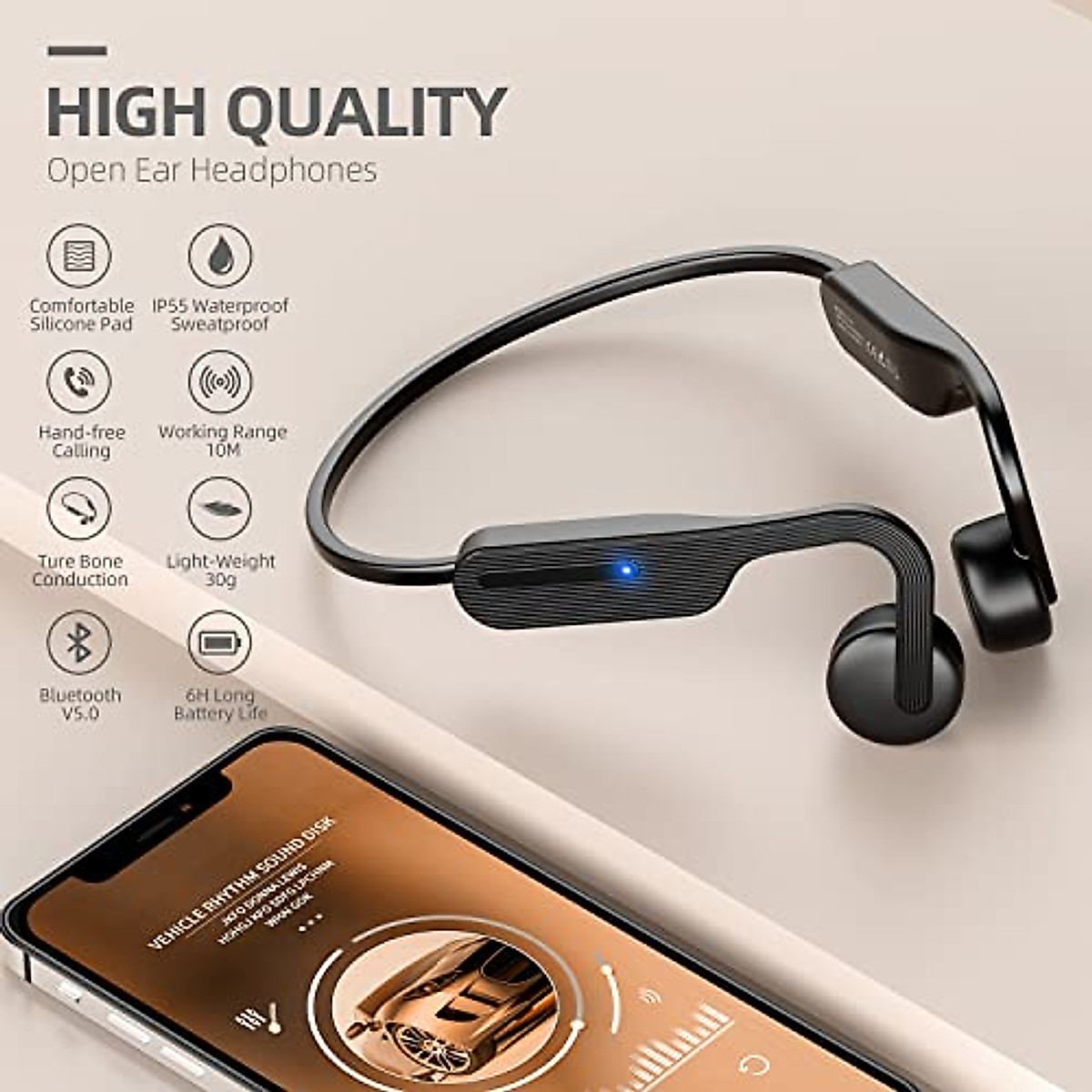 CHENSIVE Bone Conduction Headphones, Wireless Headphones Bluetooth 5.0, Open Ear Headphones with Built-in Mic, Sweatproof Sport Headsets for Running, Cycling, Driving, Hiking, Yoga