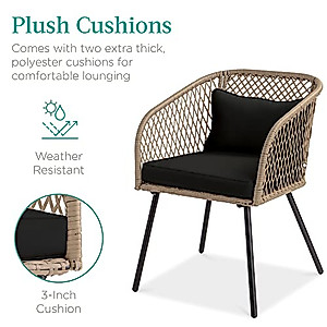 Best Choice Products 3-Piece Outdoor Wicker Bistro Set, Patio Dining Conversation Furniture for Backyard, Balcony, Porch w/Diamond Weave Design, Tempered Glass Side Table, 2 Chairs - Black