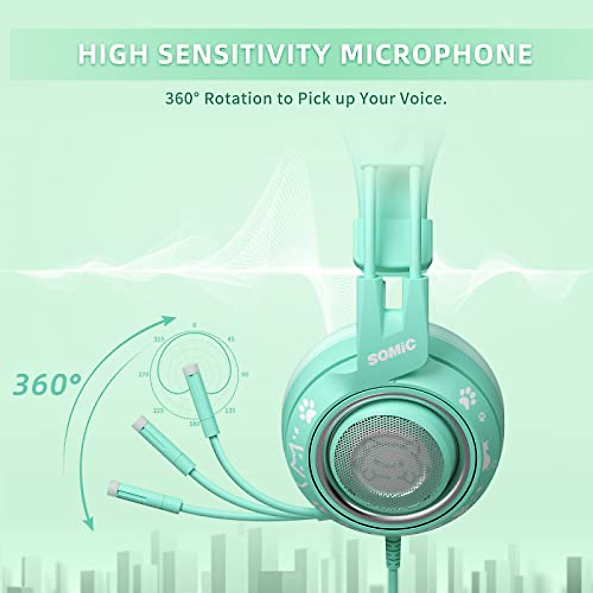 SOMIC G951S Green Gaming Headset with Microphone for PS4, PS5, Xbox One, PC, Cat Ear Headphones Over Ear with in-Line Mic Control, Stereo Sound for Girls, Woman