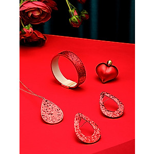 Hicarer Women's Glitter Jewelry Set, Include 2 Pieces Bridal Wedding Multi-Layer Bracelet 3 Pair Faux Leather Dangle Earrings 1 Piece Necklace for Women (Red)