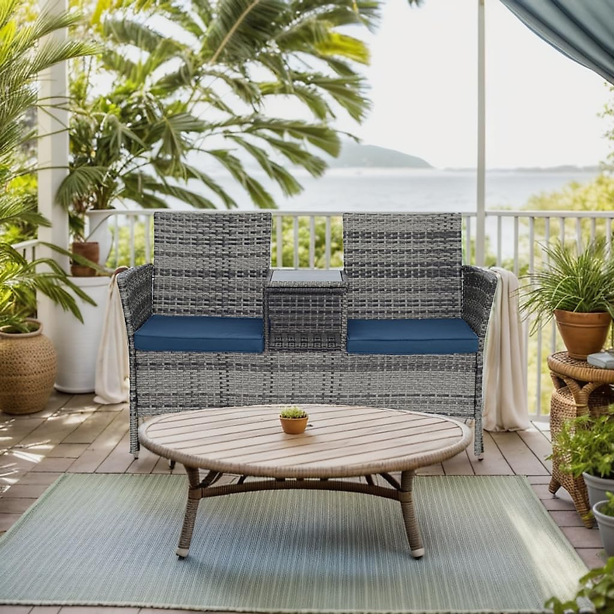 Patio Loveseat Set 2-seat Leisure Furniture with Coffee Table and Soft Cushion, Suitable forLawn Garden,Courtyard, Strong Weather Resistance Outdoor (Grey)