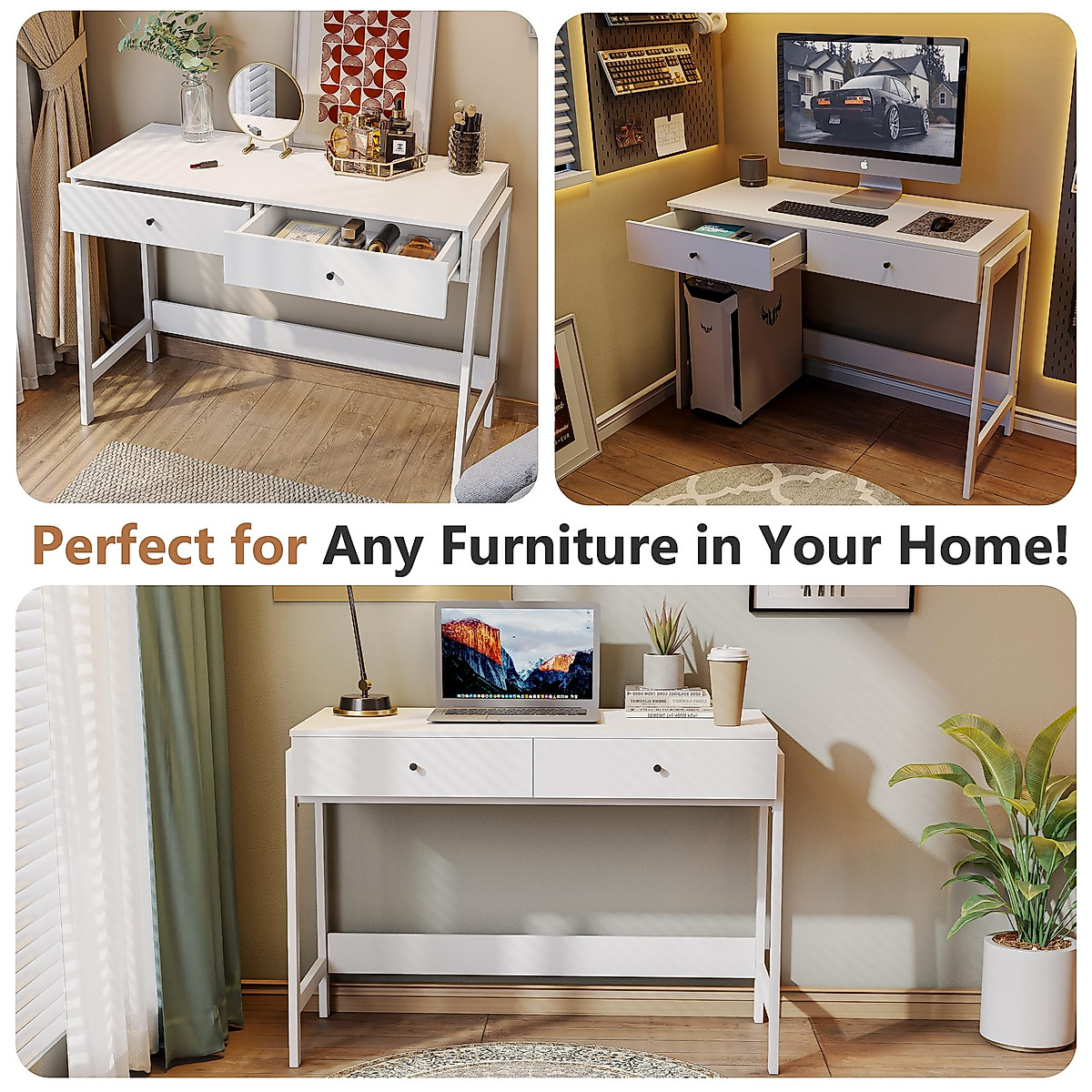 JOINHOM Home Office Desk with Drawers, Small Spaces Writing Desk with Storage for badroom, Work Desk for Home Office, Home Table, White