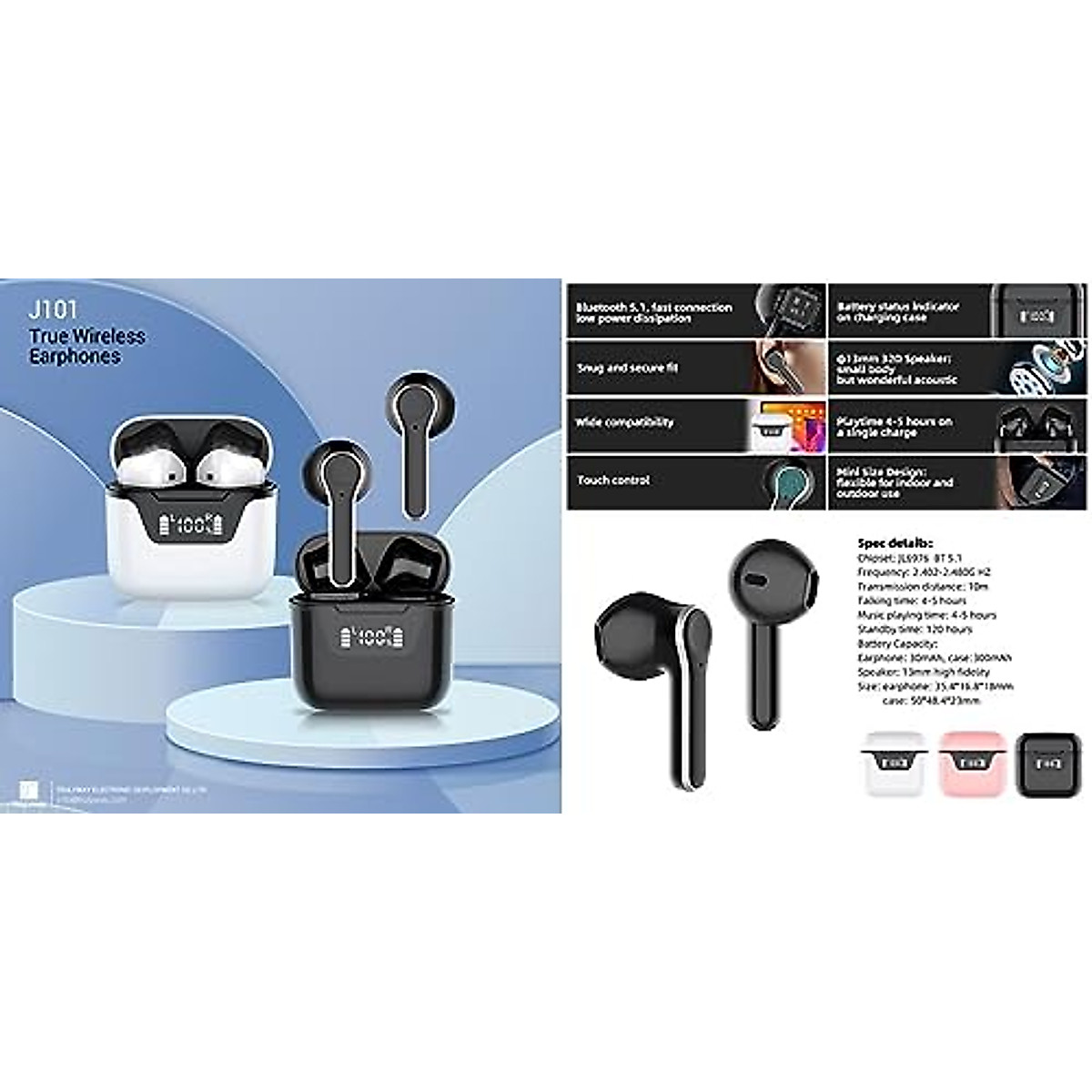 RETROQ J101 Wireless Earbuds HiFi Sound Bluetooth Headphones ENC Noise Cancelling Earphones for HD Calls Comfort Fit Bluetooth Ear Buds with IPX6 Waterproof for iPhone Android (White)