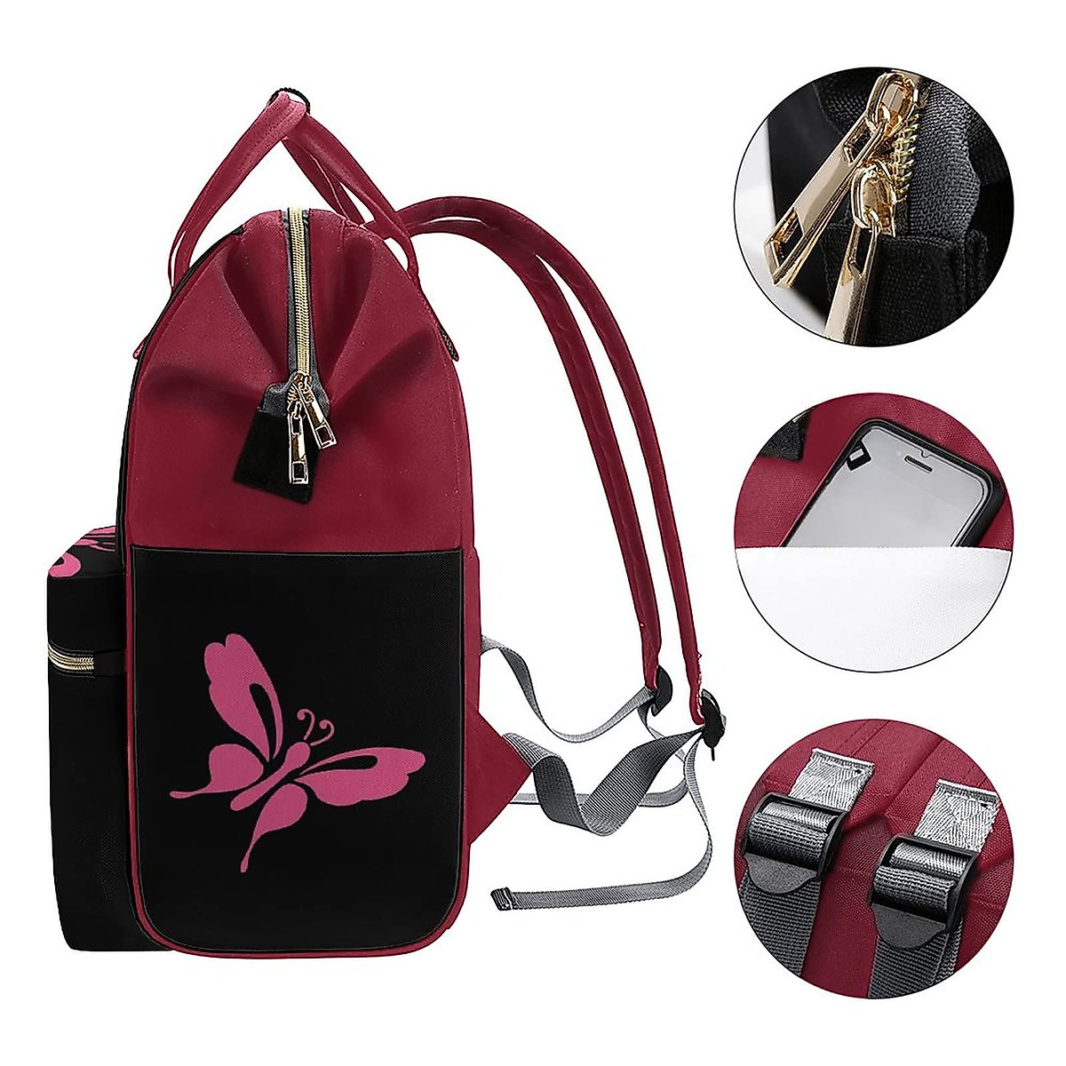 Pink Butterfly Diaper Bag Backpack Large Capacity Mommy Bags Multifunction Nappy Bag Travel Back Pack Red-Style