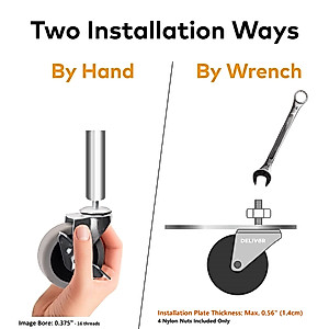 DELIVeR 3 Inch, Locking Swivel Caster Wheels, Set of 4,Heavy Duty with Nylon Nuts for Carts, Replacement Rubber Wheels, Threaded Stem 3/8”-16 x 1” Caster, 130 Lbs Per Caster