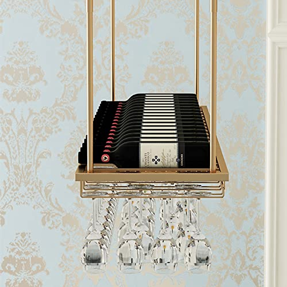 Hanging Wine Rack from Ceiling， Modern Metal Wine Bottle Holder Wall Mounted Champagne Glass Goblets Stemware Rack Storage Shelf Gold Display Racks (Size : 60x27x8cm)