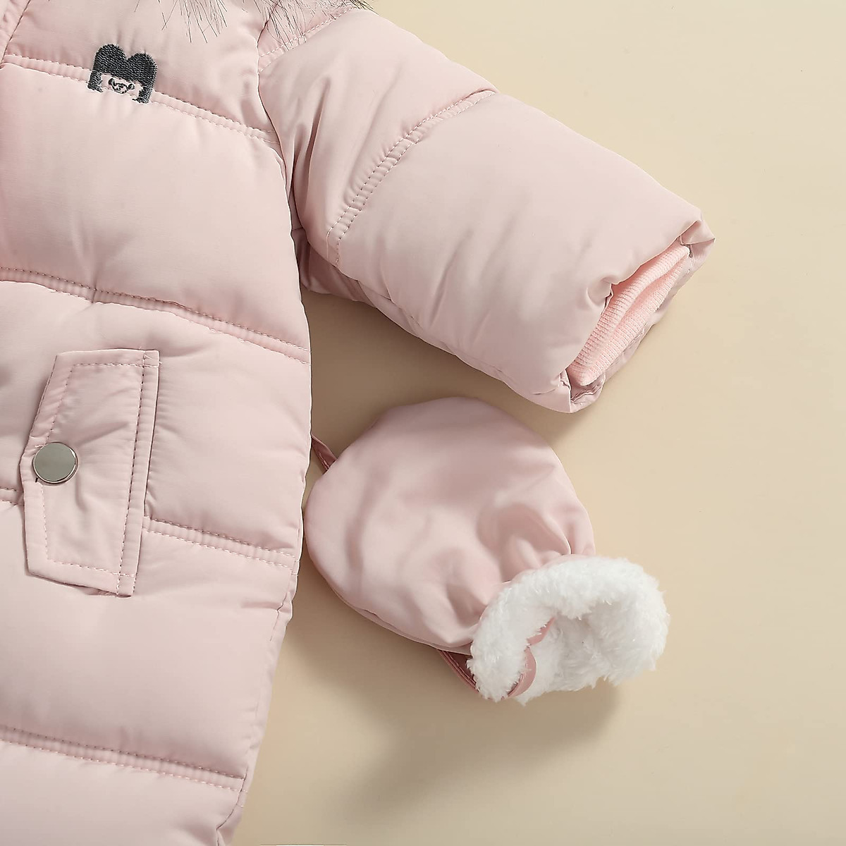 WALLARENEAR Infant Baby Boys Girls Winter Snowsuit Romper Hoodied Footie Outwear Toddler Jumpsuit Down Coat Jacket with Gloves (Pink, 12-18 Months)