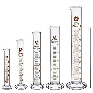 FEIGO 5 Pack Glass Graduated Cylinder 5ml 10ml 25ml 50ml 100ml Lab Measuring Cylinders Set with 1 Stirring Rod