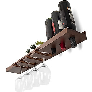 Rustic State Molise Wall Mount Wood Floating Wine Rack Stemware Holder Glassware Shelf Cork Storage Organizer for 3 Bottles and 4 Glasses - Home, Kitchen, Dining Room Bar Décor - Walnut