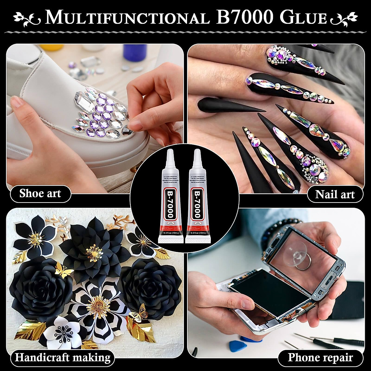 Tetutor 3 Yard Rhinestone Trim Fringe with B7000 Glue, Irregular Rhinestone Fringe Belt Rhinestone Tassel, Sparkle Diamond Fringe Rhinestone Ribbon Tassel Chain for DIY Clothing Wedding Decoration