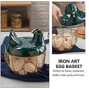 Hemoton Metal Wire Egg Basket Chicken Egg Storage Skelter Basket with Ceramic Farm Chicken Cover Egg Holder Organizer Container