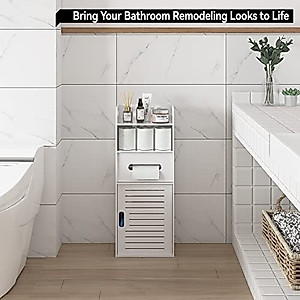 Wider Small TP Toilet Paper Storage Cabinet, Slim Bathroom Corner Storage Cabinet with Door and Tissue Dispenser, Waterproof and Durable, Freestanding, (White, Wider with Removable TP Roller)