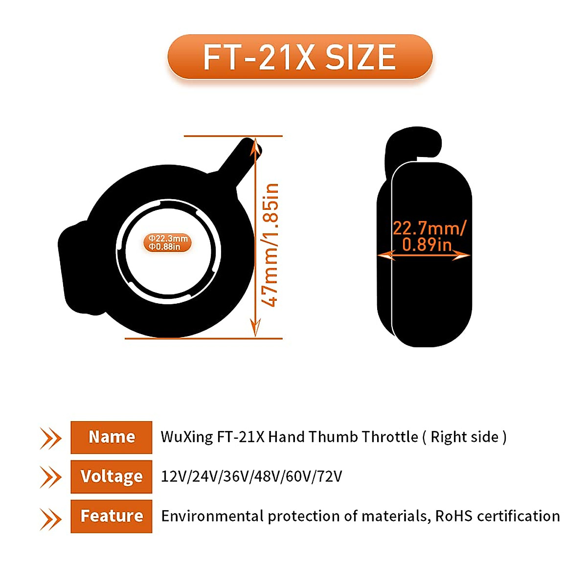 Electric Bicycle Thumb Throttle WUXING, FT-21X Finger Throttle, 12-72V Universal,Speed Control for Ebike Pocket Razor Scooter Accessories Part, (Waterproof Plug（WP-3Pin）)