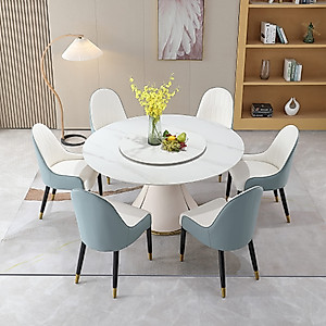 Voohek, Beige 9-Piece Modern Dining Room Set, with 8 Upholstered Chairs, Sintered Stone Table w/Round Turntable and Metal Exquisite Pedestal, Family Furniture for Home, Kitchen