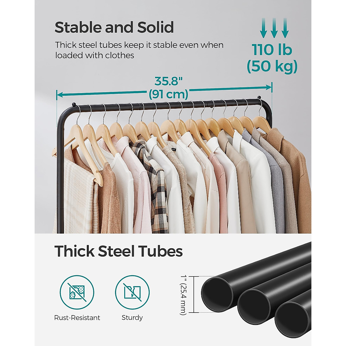 SONGMICS Clothes Rack with Wheels, 35.8 Inch Double-Rod Garment Rack, Clothing Rack for Hanging Clothes, with Dense Mesh Storage Shelf, 44 lb Load Capacity, 2 Brakes, Steel Frame, Black UHSR027B01