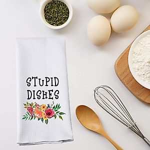 PWHAOO Funny Kitchen Towel Dish Towel Stupid Dishes Funny Sayings Farmhouse Decor (Stupid Dishes T)