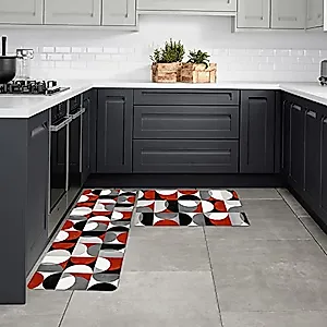 Middle Ages Kitchen Mats and Rugs, Anti-Slip Kitchen Floor Mats, Water Absorbent Comfort Memory Foam Standing Mats for Office, Sink, Laundry, Kitchen Grey Red Black Abstract Geometric Texture