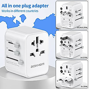 Universal Travel Adapter with USB C PD 30W Fast Charging, BOKHOM International Travel Adapter with 3 USB C and 2 USB-A, Dual 10A Fuses Travel Adapter Worldwide Travel Charger for EU UK US AU