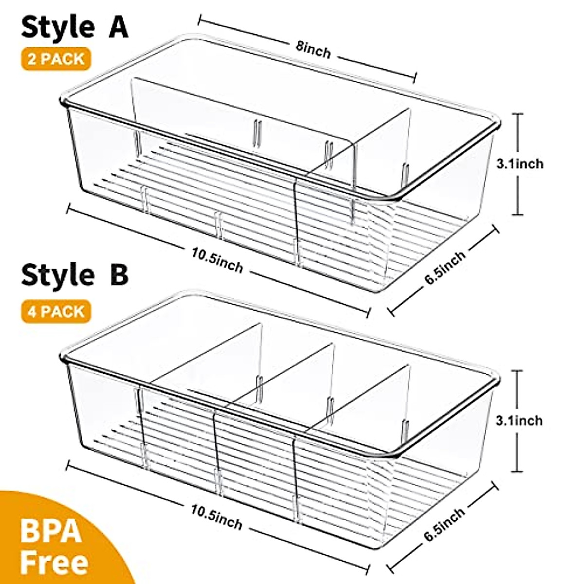 6 Pack Food Storage Organizer Bins, Clear Plastic Pantry Organizer with Removable Dividers, Pantry Organization and Storage, Fridge Organizer, Cabinet Organizers, for Packets, Snacks, Spice Packets