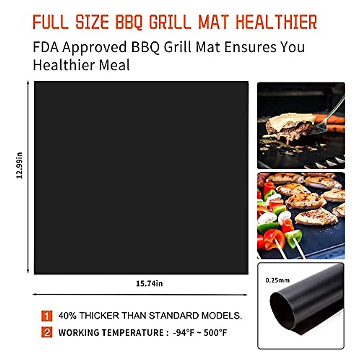 ZCMIAO BBQ Grill Mat, Thickness 0.25mm Non Stick BBQ Mat with Holes Heavy Duty 500 ℉ Grill & Baking Mats (Set of 6), Easy Clean & Use BBQ Accessories, Reusable on Gas Charcoal Electric Grills Black