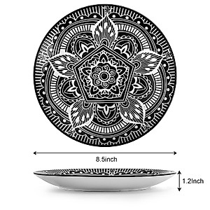 Coloch 4 Pack 8.5 Inch Ceramic Salad Plates, Black and White Floral Dessert Plate Reusable Snack Serving Plate for Pasta, Fruits, Sandwiches, Bar, Home Use, Microwave and Dishwasher Safe
