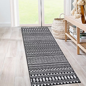 COZYLOOM Washable Rug 2x12 Vintage Low Pile Entryway Rug Runner Boho Geometric Hallway Runners Moroccan Distressed Runner Rug Kitchen Mat Chenille Living Room Home Office Runner Rug, Black