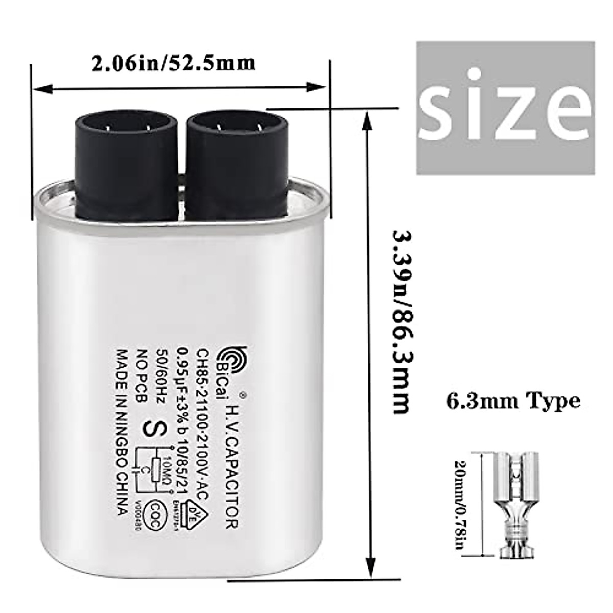Tnisesm Microwave Capacitor 0.95uF 2100V, High Voltage Capacitor 1/4" Standard Terminal Connection Pin, Compatible with Whirlpool etc.