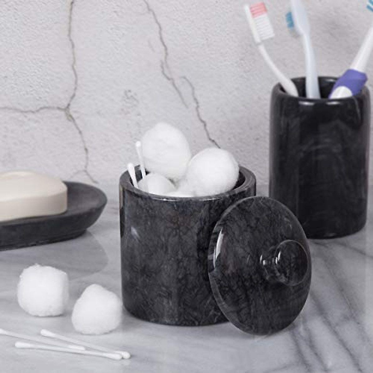 Creative Home Natural Black Marble SPA Collection Cotton Ball Swab Holder, Bathroom Makeup Storage Jar Container Organizer, 3.8" Diam. x 5.2" H, Black