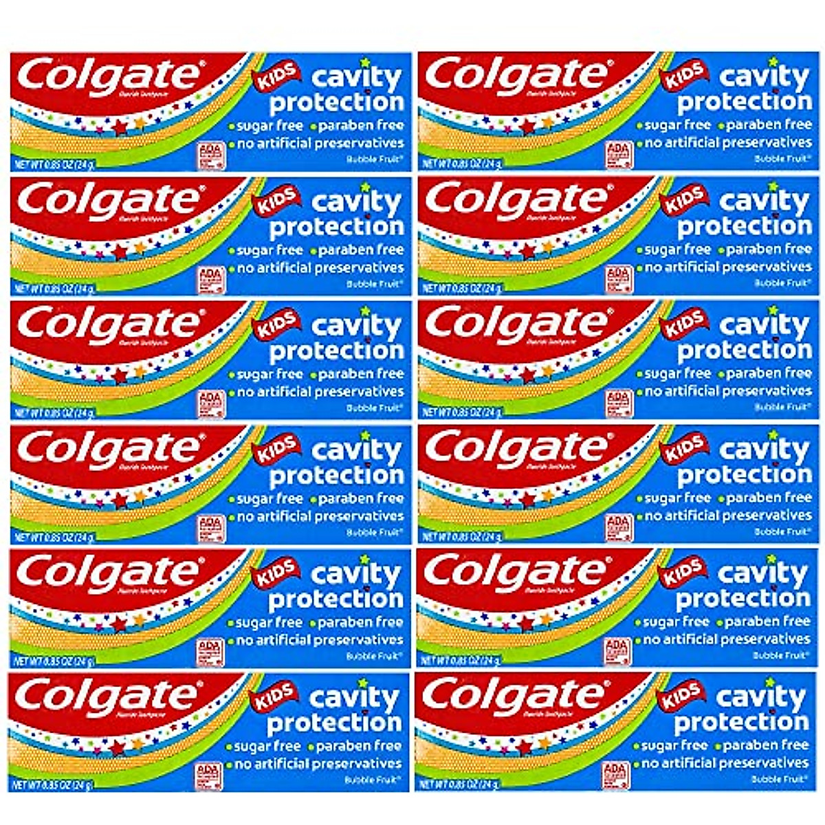 Colgate Kids Cavity Protection Fluoride Toothpaste, Bubble Fruit Flavor, Travel Size 0.85 oz (24g) - Pack of 12