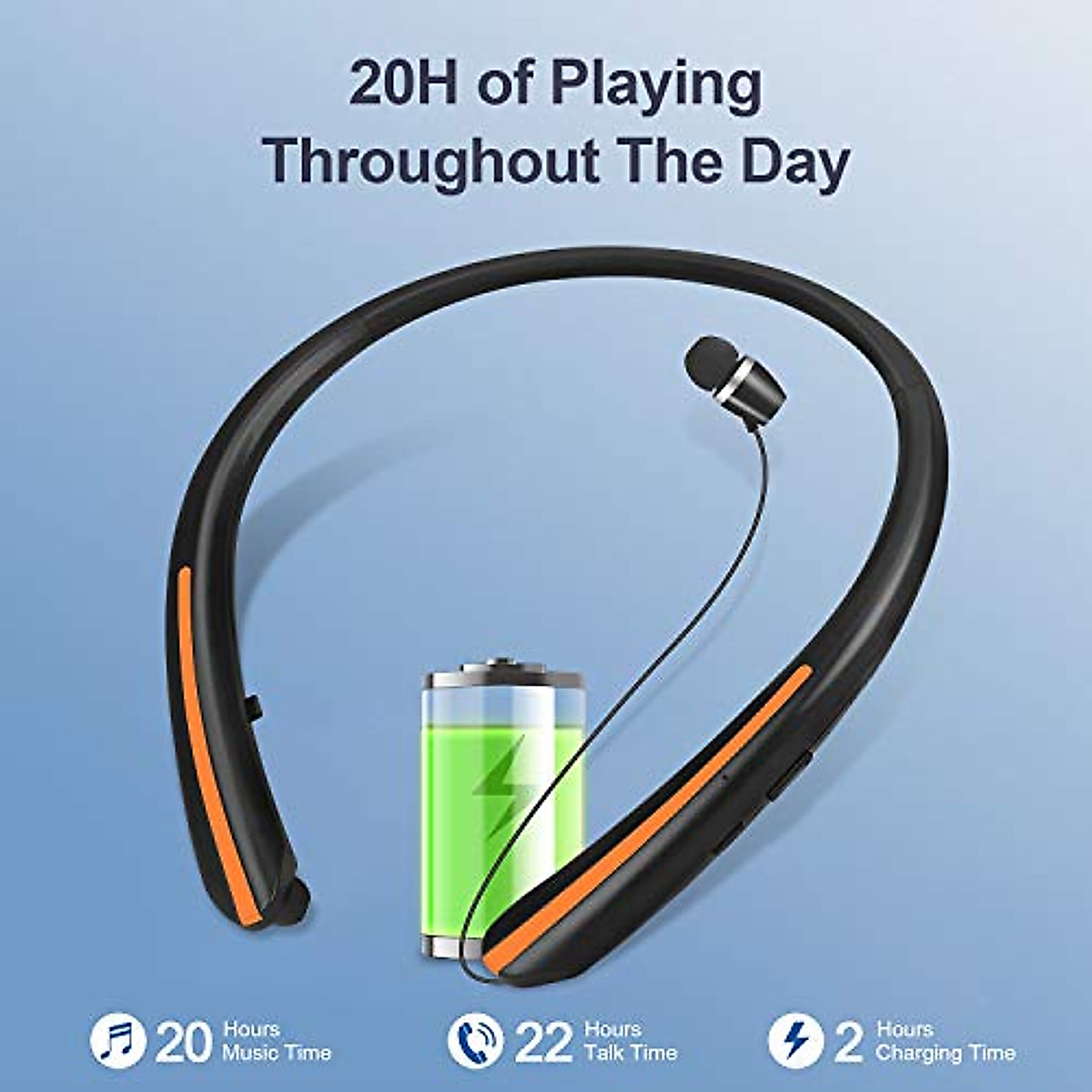 Bluetooth Retractable Headphones, Wireless Earbuds Neckband Headset Noise Cancelling Stereo Earphones(Orange)