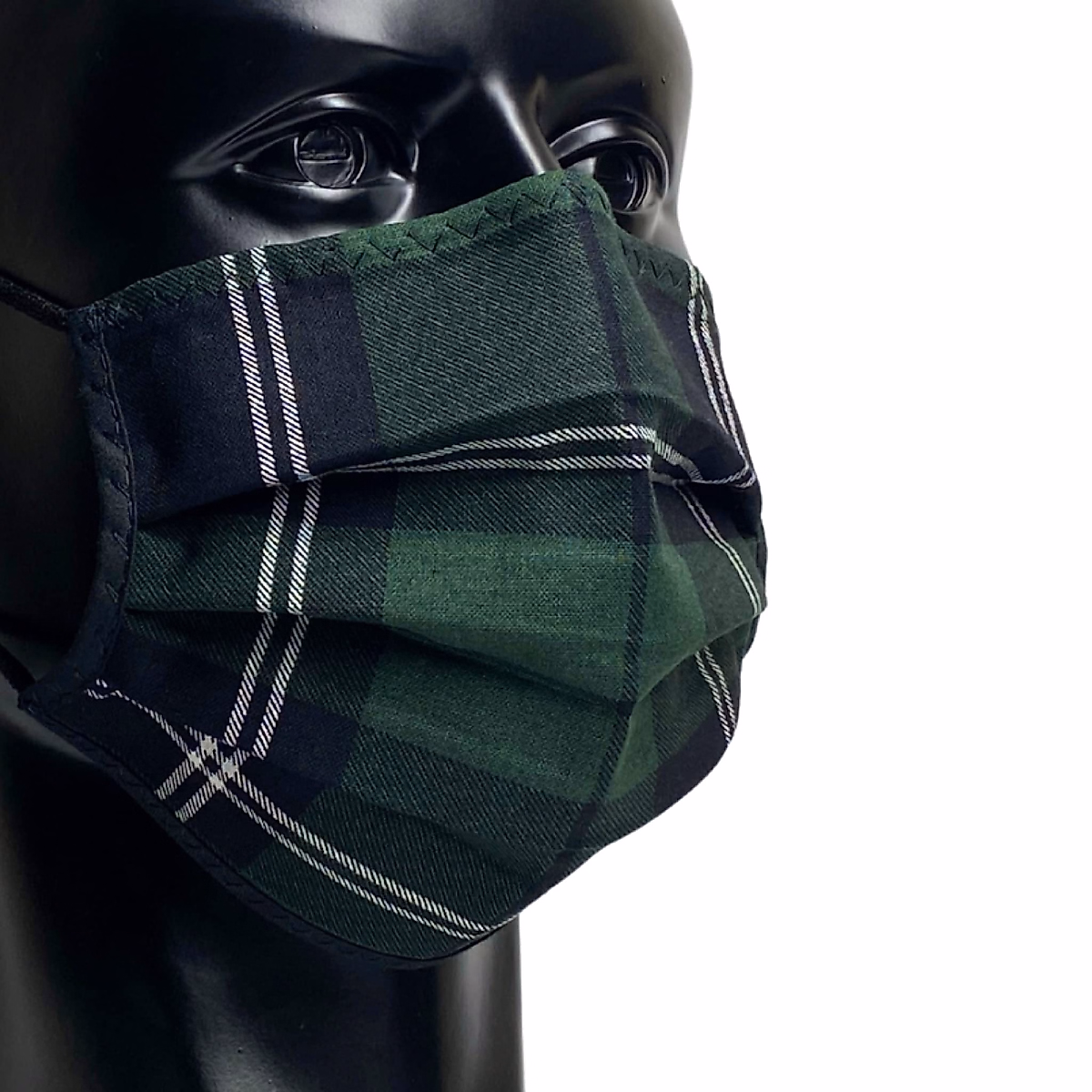 JaxMask® | Hunter Green & Black Christmas Holiday Plaid Cloth Face Mask | Tartan Buffalo Check 2 Layer Pleated Washable & Reusable With Nose Wire | 'SilentNight Collection' (Green Plaid)
