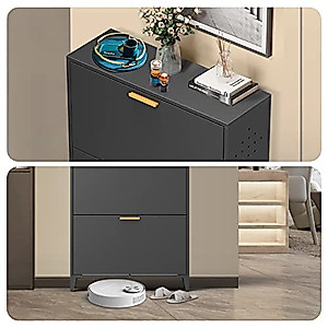 Omethey Shoe Cabinet with 3 Flip Drawers, Wall Mount & Floor Mount Shoe Organizer, All Steel Black Narrow Shoe Storage Cabinet for Entryway, Hallway and Corridor